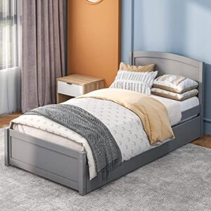 TOLEAD Daybed with Trundle, Twin Size Pull Out Bed, Solid Wood Extendable Day Bed with Pop Up Trundle, Include Slat Support (Grey, Trundle)