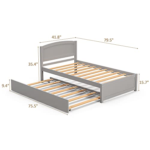 TOLEAD Daybed with Trundle, Twin Size Pull Out Bed, Solid Wood Extendable Day Bed with Pop Up Trundle, Include Slat Support (Grey, Trundle)