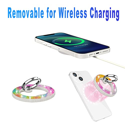 ROMSEA Magnetic Ring Holder Grip,Compatible with Magsafe for iPhone 15 14 13 12 max Pro Plus Mini Removable Wireless Charging,Adjustable Collapsible Kickstand Bling,Gradual Colorful