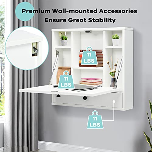 IFANNY Wall Mounted Desk, Wall Computer Desk w/Storage Drawer & Shelves, Compact Floating Desk for Wall, Space Saving Wall Desk Fold Down, Wall Desks for Small Spaces (White)