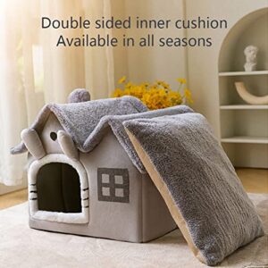 Luxury Double Roof Dog House Cat Nest with Removable Plush Cushion, Foldable Warm Soft Kennel Indoor (L)