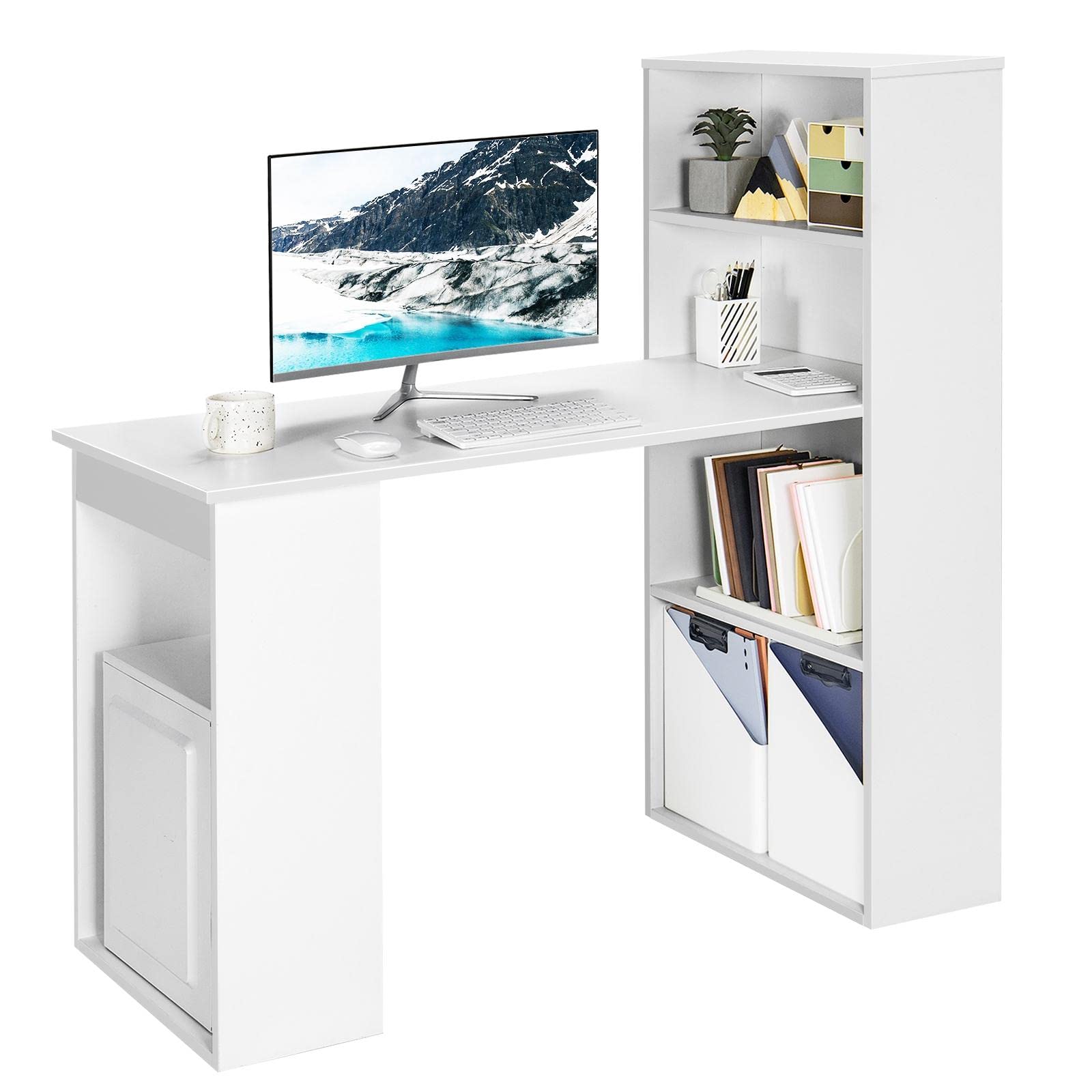 IFANNY White Computer Desk w/Bookshelf, Modern Home Office Desk w/Storage Shelves & CPU Stand, Space-Saving Design, Compact Corner Computer Workstation for Small Spaces