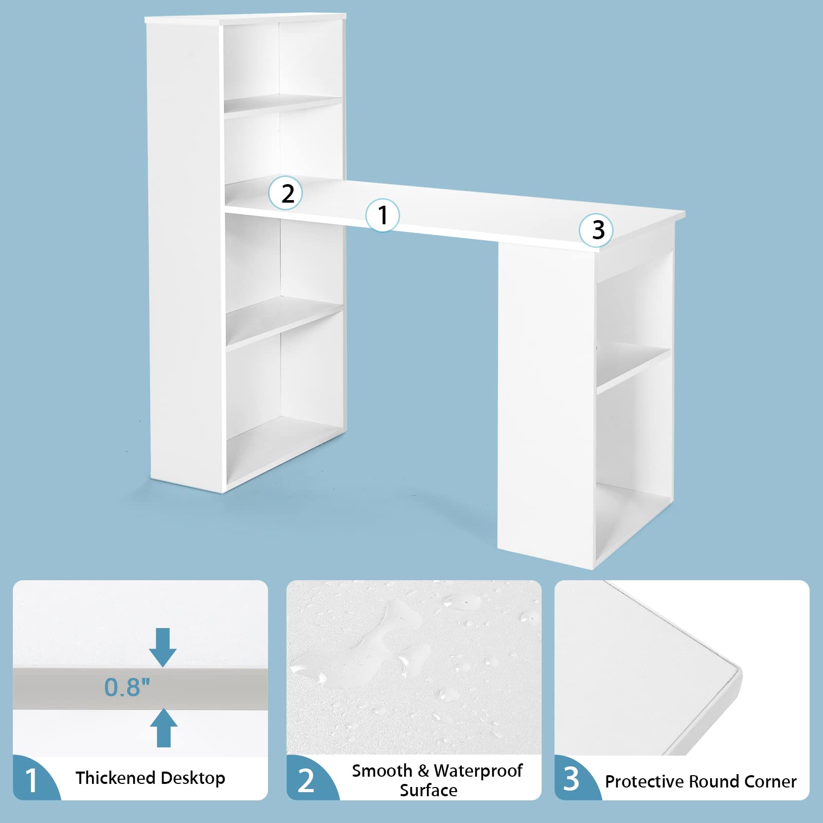 IFANNY White Computer Desk w/Bookshelf, Modern Home Office Desk w/Storage Shelves & CPU Stand, Space-Saving Design, Compact Corner Computer Workstation for Small Spaces