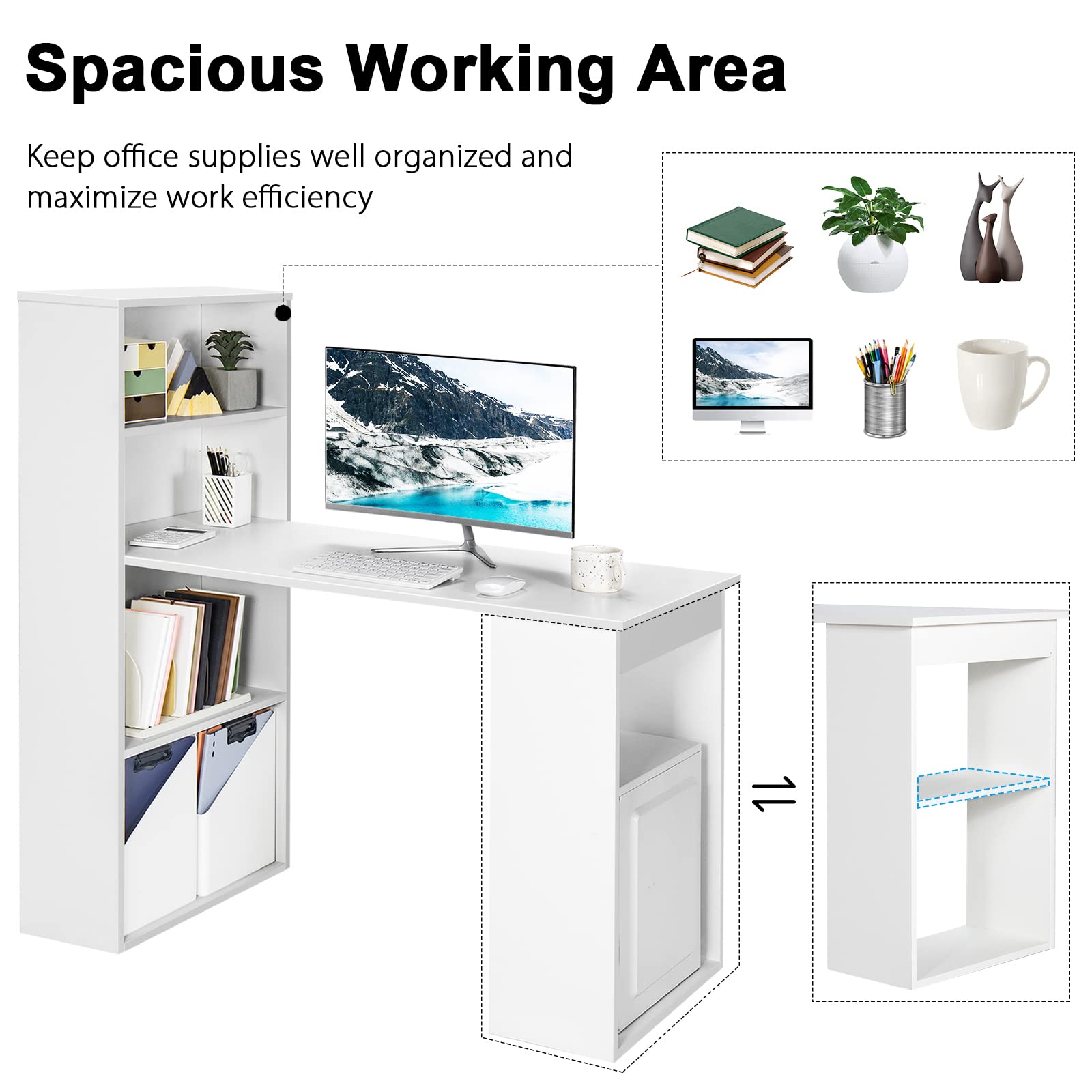 IFANNY White Computer Desk w/Bookshelf, Modern Home Office Desk w/Storage Shelves & CPU Stand, Space-Saving Design, Compact Corner Computer Workstation for Small Spaces