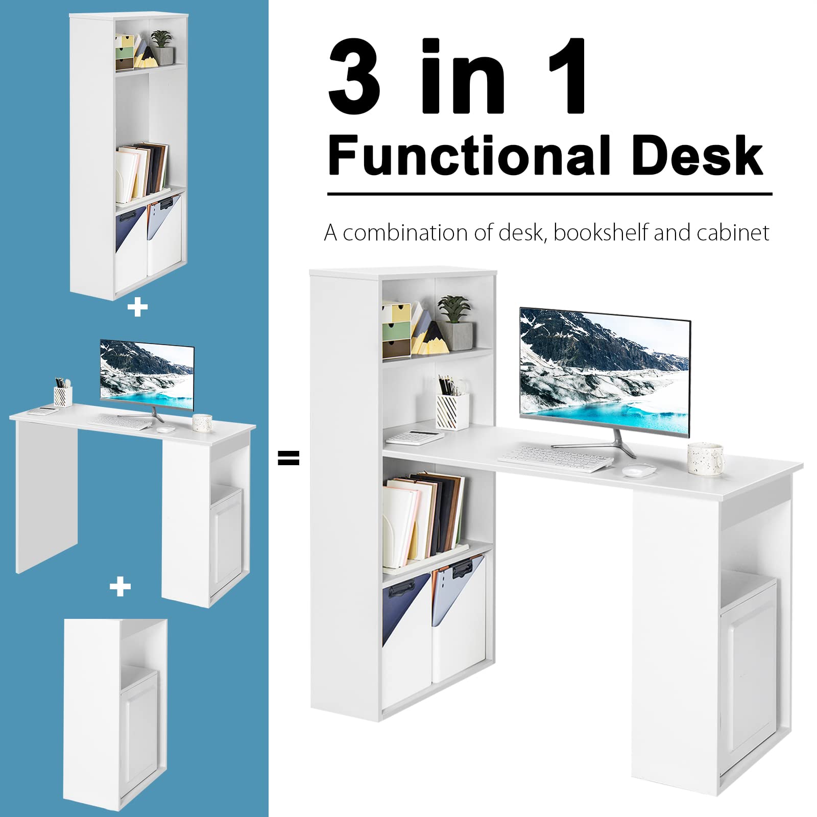 IFANNY White Computer Desk w/Bookshelf, Modern Home Office Desk w/Storage Shelves & CPU Stand, Space-Saving Design, Compact Corner Computer Workstation for Small Spaces