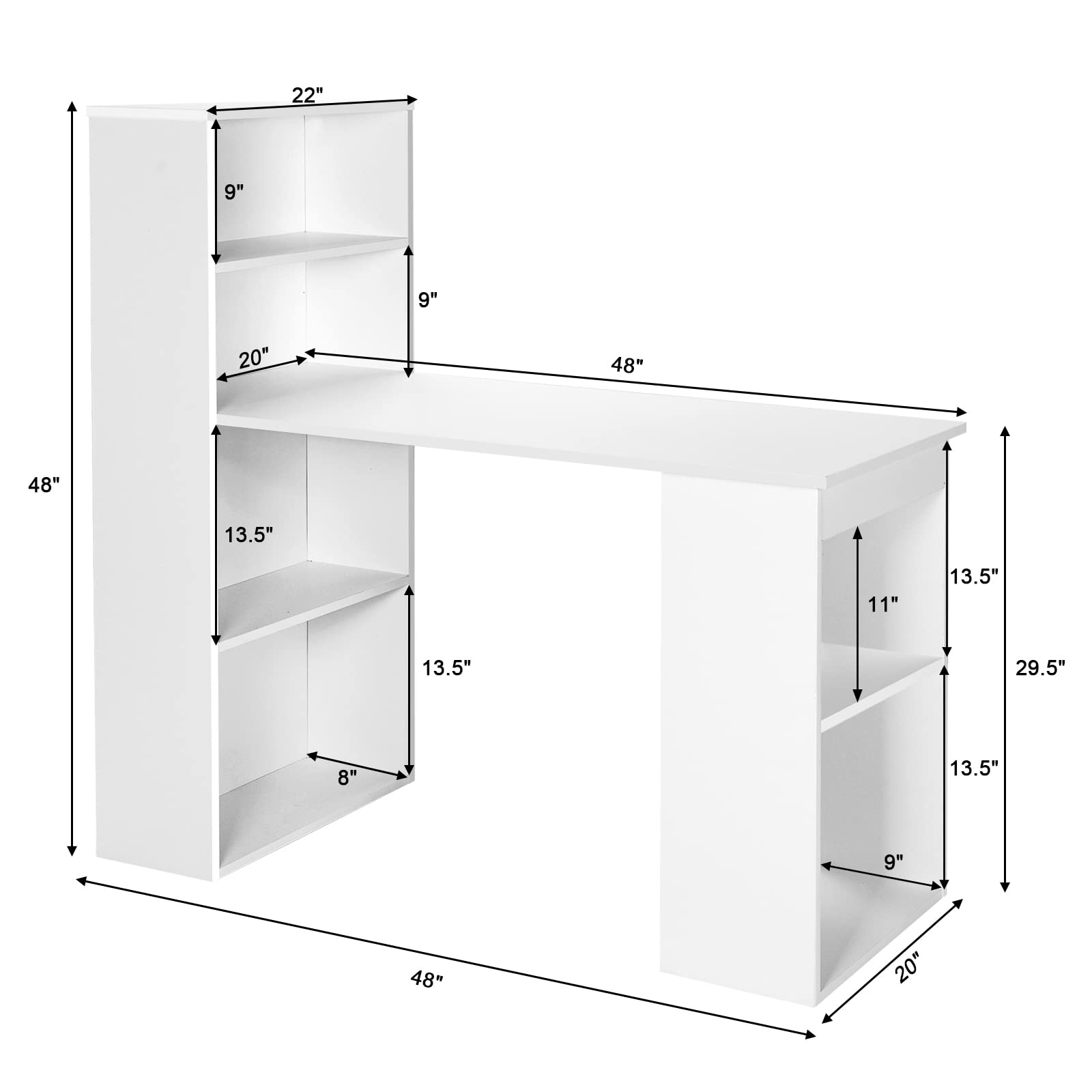 IFANNY White Computer Desk w/Bookshelf, Modern Home Office Desk w/Storage Shelves & CPU Stand, Space-Saving Design, Compact Corner Computer Workstation for Small Spaces