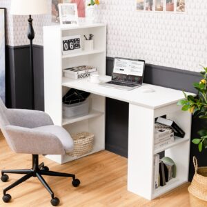 IFANNY White Computer Desk w/Bookshelf, Modern Home Office Desk w/Storage Shelves & CPU Stand, Space-Saving Design, Compact Corner Computer Workstation for Small Spaces