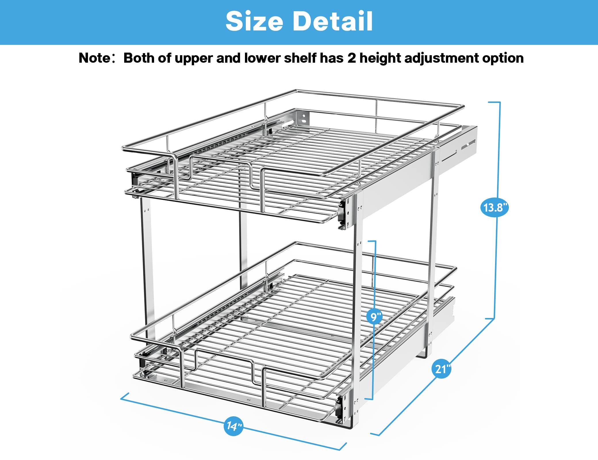 LOVMOR Slide Out Cabinet Drawers Pots and Pans Organizer and Storage, 14" W x 21" D, 2 Tier