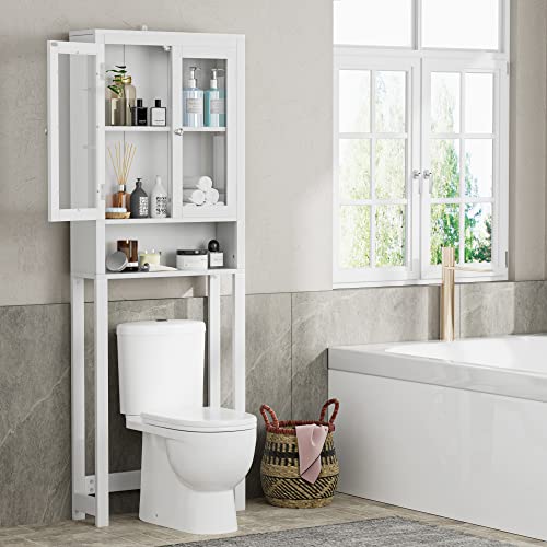 JUMMICO Over The Toilet Storage Cabinet, Bathroom Organizer Over Toilet with Double Door and Inner Adjustable Shelf for Bathroom, Restroom, Laundry