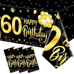 3 pack 60th birthday tablecloth decorations for men women, black gold happy sixty birthday theme table cover party supplies, 60 year old birthday plastic disposable rectangular table cloth decor