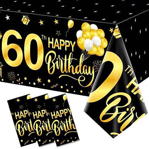 3 Pack 60th Birthday Tablecloth Decorations for Men Women, Black Gold Happy Sixty Birthday Theme Table Cover Party Supplies, 60 Year Old Birthday Plastic Disposable Rectangular Table Cloth Decor