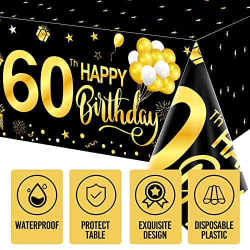 3 Pack 60th Birthday Tablecloth Decorations for Men Women, Black Gold Happy Sixty Birthday Theme Table Cover Party Supplies, 60 Year Old Birthday Plastic Disposable Rectangular Table Cloth Decor