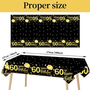 3 Pack 60th Birthday Tablecloth Decorations for Men Women, Black Gold Happy Sixty Birthday Theme Table Cover Party Supplies, 60 Year Old Birthday Plastic Disposable Rectangular Table Cloth Decor