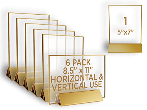 Gold Acrylic Sign Holder 8.5 x 11, Gold Frame, Acrylic Paper Holder Stand, Plastic Display Stands 8.5x11, Double Sided Vertical or Horizontal Menu Holders for Restaurant, Clear Paper Stand Display, Flyer Holder 8.5 x 11, Clear Acrylic Picture Frame, (6 Pa