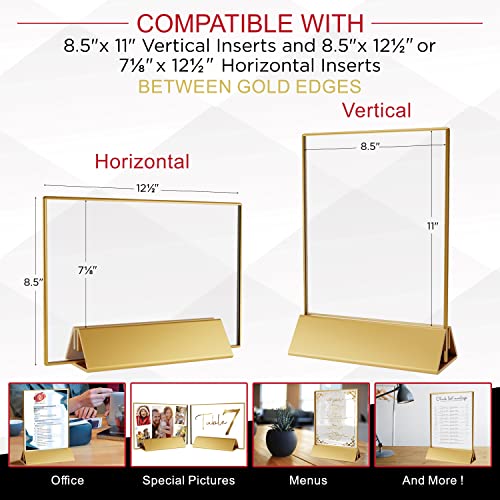 Gold Acrylic Sign Holder 8.5 x 11, Gold Frame, Acrylic Paper Holder Stand, Plastic Display Stands 8.5x11, Double Sided Vertical or Horizontal Menu Holders for Restaurant, Clear Paper Stand Display, Flyer Holder 8.5 x 11, Clear Acrylic Picture Frame, (6 Pa