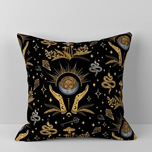 Spoonflower Square Throw Pillow, 18", Velvet - Celestial Witch Black Stars Gold Keys Sun Ferns Print Throw Pillow Cover w/Insert