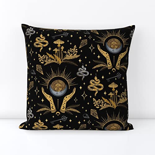 Spoonflower Square Throw Pillow, 18", Velvet - Celestial Witch Black Stars Gold Keys Sun Ferns Print Throw Pillow Cover w/Insert