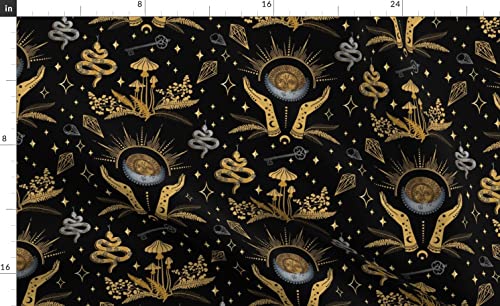 Spoonflower Square Throw Pillow, 18", Velvet - Celestial Witch Black Stars Gold Keys Sun Ferns Print Throw Pillow Cover w/Insert