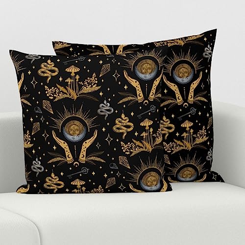 Spoonflower Square Throw Pillow, 18", Velvet - Celestial Witch Black Stars Gold Keys Sun Ferns Print Throw Pillow Cover w/Insert