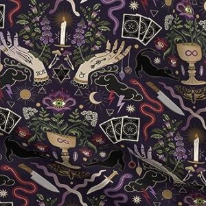 Spoonflower Fabric - Witch Life Purple Cards Cat Plants Crystals Magic Moon Mushrooms Black Printed on Petal Signature Cotton Fabric Fat Quarter - Sewing Quilting Apparel Crafts Decor