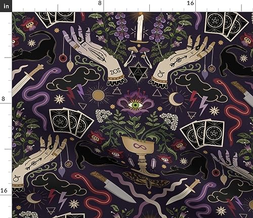 Spoonflower Fabric - Witch Life Purple Cards Cat Plants Crystals Magic Moon Mushrooms Black Printed on Petal Signature Cotton Fabric Fat Quarter - Sewing Quilting Apparel Crafts Decor