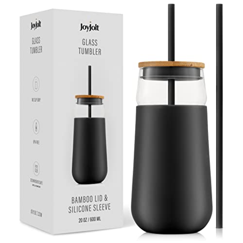 JoyJolt Tumbler with Lid and Straw and Silicone Sleeve. BPA Free, 20oz Glass Cup with Bamboo Lid (Black). Travel Tumbler for Car, Reusable Iced Coffee Cup or Glass Water Bottle with Lid and Straw