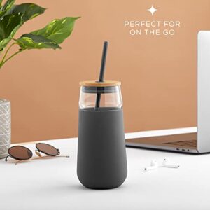 JoyJolt Tumbler with Lid and Straw and Silicone Sleeve. BPA Free, 20oz Glass Cup with Bamboo Lid (Black). Travel Tumbler for Car, Reusable Iced Coffee Cup or Glass Water Bottle with Lid and Straw