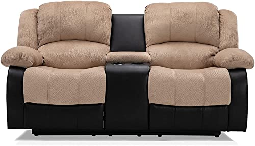 Nathaniel Home, Double Loveseat 2 Seater Home Theater, Fabric Recliner Sofa Couches with Storage and Cup Holders,Beige Love Seats