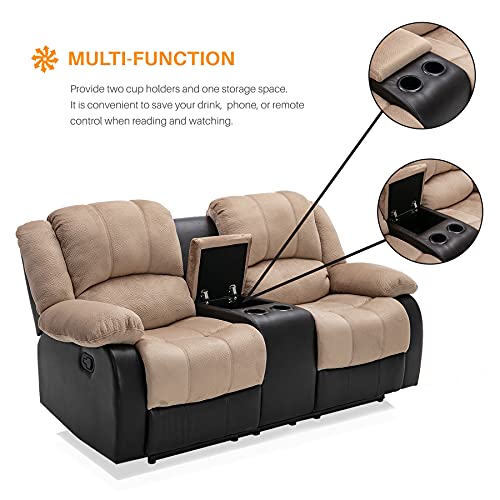 Nathaniel Home, Double Loveseat 2 Seater Home Theater, Fabric Recliner Sofa Couches with Storage and Cup Holders,Beige Love Seats