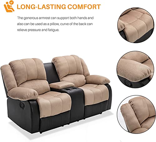 Nathaniel Home, Double Loveseat 2 Seater Home Theater, Fabric Recliner Sofa Couches with Storage and Cup Holders,Beige Love Seats