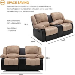 Nathaniel Home, Double Loveseat 2 Seater Home Theater, Fabric Recliner Sofa Couches with Storage and Cup Holders,Beige Love Seats