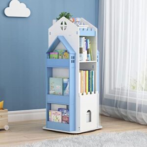 myoyay rotating bookshelf kids 360° rotating children's bookcase 3 tier swivel bookshelf stackable book dhelf organizer blue kids book display shelf for home child's bedroom