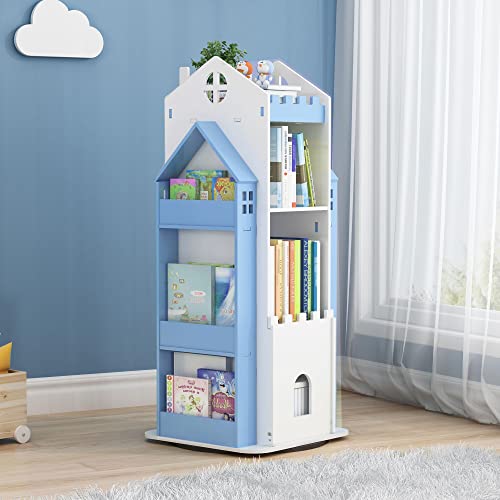 MYOYAY Rotating Bookshelf Kids 360° Rotating Children's Bookcase 3 Tier Swivel Bookshelf Stackable Book Dhelf Organizer Blue Kids Book Display Shelf for Home Child's Bedroom