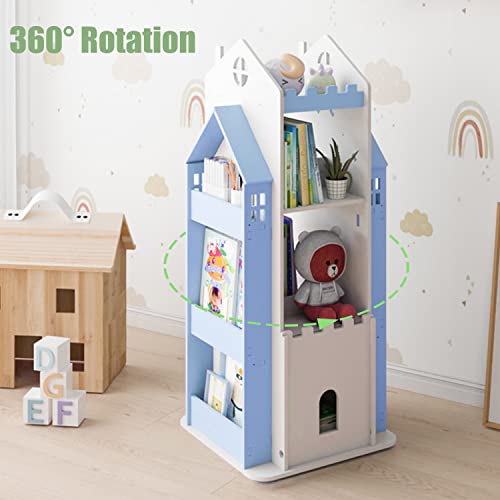 MYOYAY Rotating Bookshelf Kids 360° Rotating Children's Bookcase 3 Tier Swivel Bookshelf Stackable Book Dhelf Organizer Blue Kids Book Display Shelf for Home Child's Bedroom