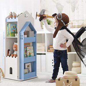 MYOYAY Rotating Bookshelf Kids 360° Rotating Children's Bookcase 3 Tier Swivel Bookshelf Stackable Book Dhelf Organizer Blue Kids Book Display Shelf for Home Child's Bedroom