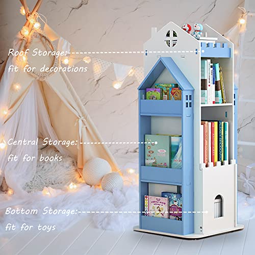 MYOYAY Rotating Bookshelf Kids 360° Rotating Children's Bookcase 3 Tier Swivel Bookshelf Stackable Book Dhelf Organizer Blue Kids Book Display Shelf for Home Child's Bedroom