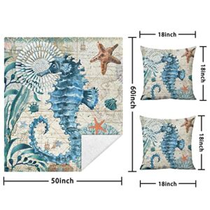 Sea Horse Sherpa Throw Blankets Winter Bed Blanket Decorative Sofa Sea Nautical Theme Decorations Gift Blanket 50x60 Inch with 2 Pillowcase for Sea Horse Lovers Animal Lovers