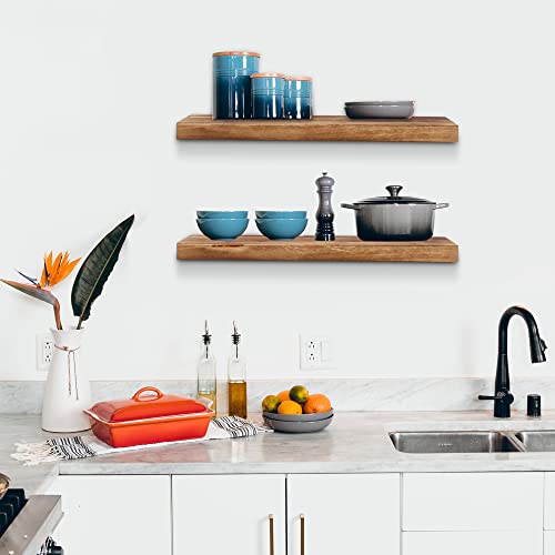 Edepreak Floating Shelves Pine Wood Floating Shelf Wall Shelf Set of 2 Kitchen Wooden Shelves Carbonized Farmhouse Shelves for Wall Decor Wooden Floating Book Shelves Hidden Bracket for Bathroom