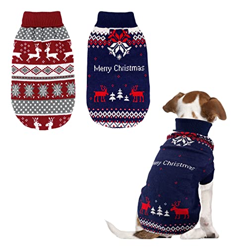 CooShou 2Pcs Dog Christmas Sweater Cat Christmas Sweater Cat Dog Knitwear Sweater Xmas Pet Clothes Winter Warm Reindeer Snowflake Merry Christmas Cat Sweaters for Small Medium Cats Dogs XXL