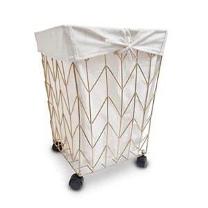 sedlav metal laundry hamper with wheels, gold & natural, square chevron pattern