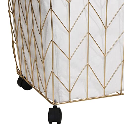 SEDLAV Metal Laundry Hamper with Wheels, Gold & Natural, Square Chevron Pattern