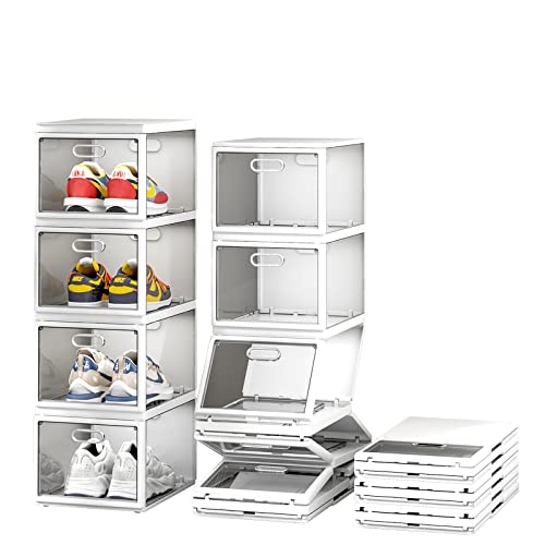 submatches Clear Storage Bin with Lid, 4 Layers Stackable Shoe Organizer for Closet Bedroom, Installation Free Shoe Containers, Large Space for Sneakers Display, Set of 8