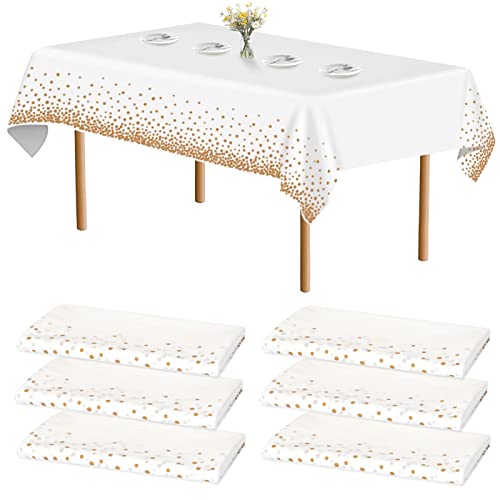 GoodSing 6 PCS Disposable Plastic Tablecloths, Plastic Rectangle White Dot Tablecloths for Indoor or Outdoor Tables Parties Christmas Picnic Birthdays and Weddings