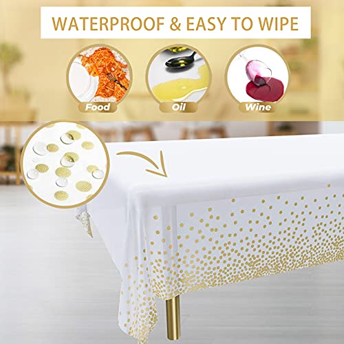 GoodSing 6 PCS Disposable Plastic Tablecloths, Plastic Rectangle White Dot Tablecloths for Indoor or Outdoor Tables Parties Christmas Picnic Birthdays and Weddings