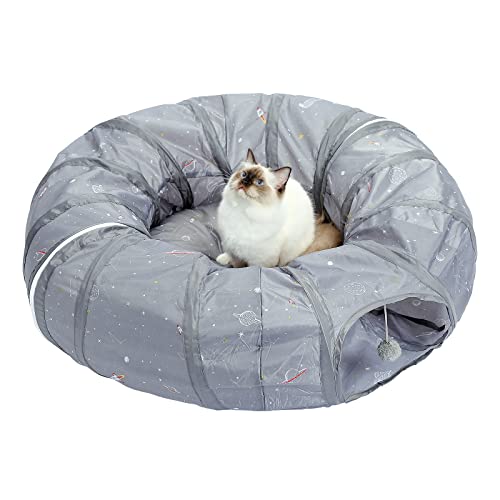 PAWZ Road Cat Tunnel, Cat Tunnel Bed with Central Soft Mat and Plush Ball Toys, Collapsible Tunnel Tube with Cute Rocket Prints for Indoor Kittens, Rabbits and Puppies