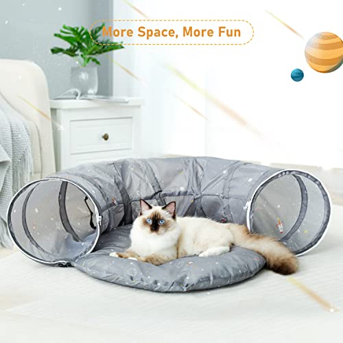 PAWZ Road Cat Tunnel, Cat Tunnel Bed with Central Soft Mat and Plush Ball Toys, Collapsible Tunnel Tube with Cute Rocket Prints for Indoor Kittens, Rabbits and Puppies