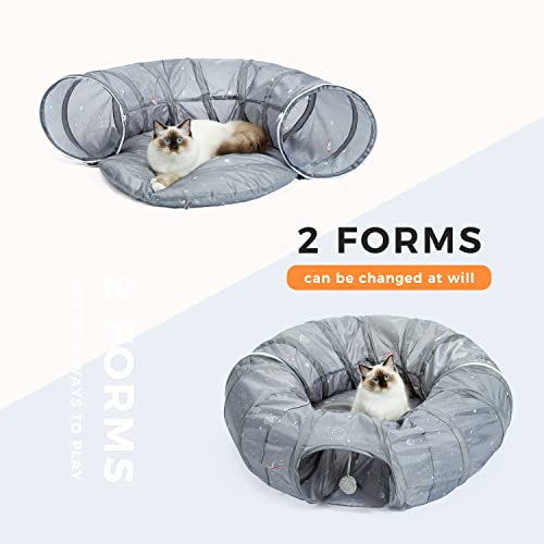 PAWZ Road Cat Tunnel, Cat Tunnel Bed with Central Soft Mat and Plush Ball Toys, Collapsible Tunnel Tube with Cute Rocket Prints for Indoor Kittens, Rabbits and Puppies