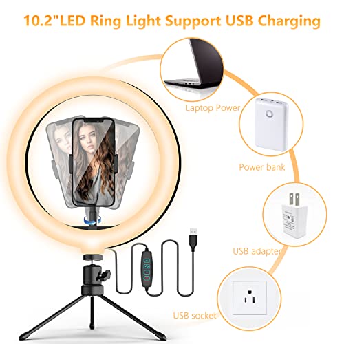 HONGDAK 10.2'' Selfie Ring Light with Stand and Phone Holder, Desk Ring Lights with 3500K-6500K Dimmable 3 Light Colors 10 Brightness Levels for Phone Video TikTok Live Streaming Makeup