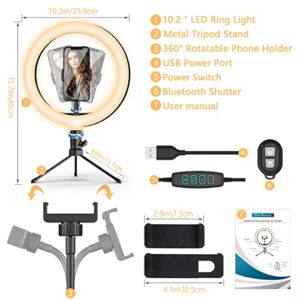 HONGDAK 10.2'' Selfie Ring Light with Stand and Phone Holder, Desk Ring Lights with 3500K-6500K Dimmable 3 Light Colors 10 Brightness Levels for Phone Video TikTok Live Streaming Makeup