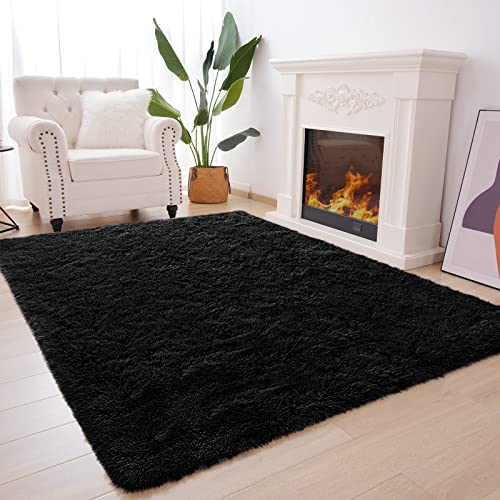 Vocrite Black Fluffy Rug for Bedroom, Shag Fuzzy Area Rug for Living Room, Non-Slip Shaggy Plush Furry Rugs for Nursery Classroom, Soft Carpet for Playroom Dorm Teen's Room Decor, 4x6